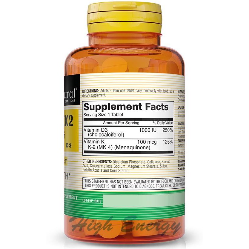 Mason Natural, VITAMIN K2 Plus Vitamin D3, 100 MCG, 100 Tablets - high ...