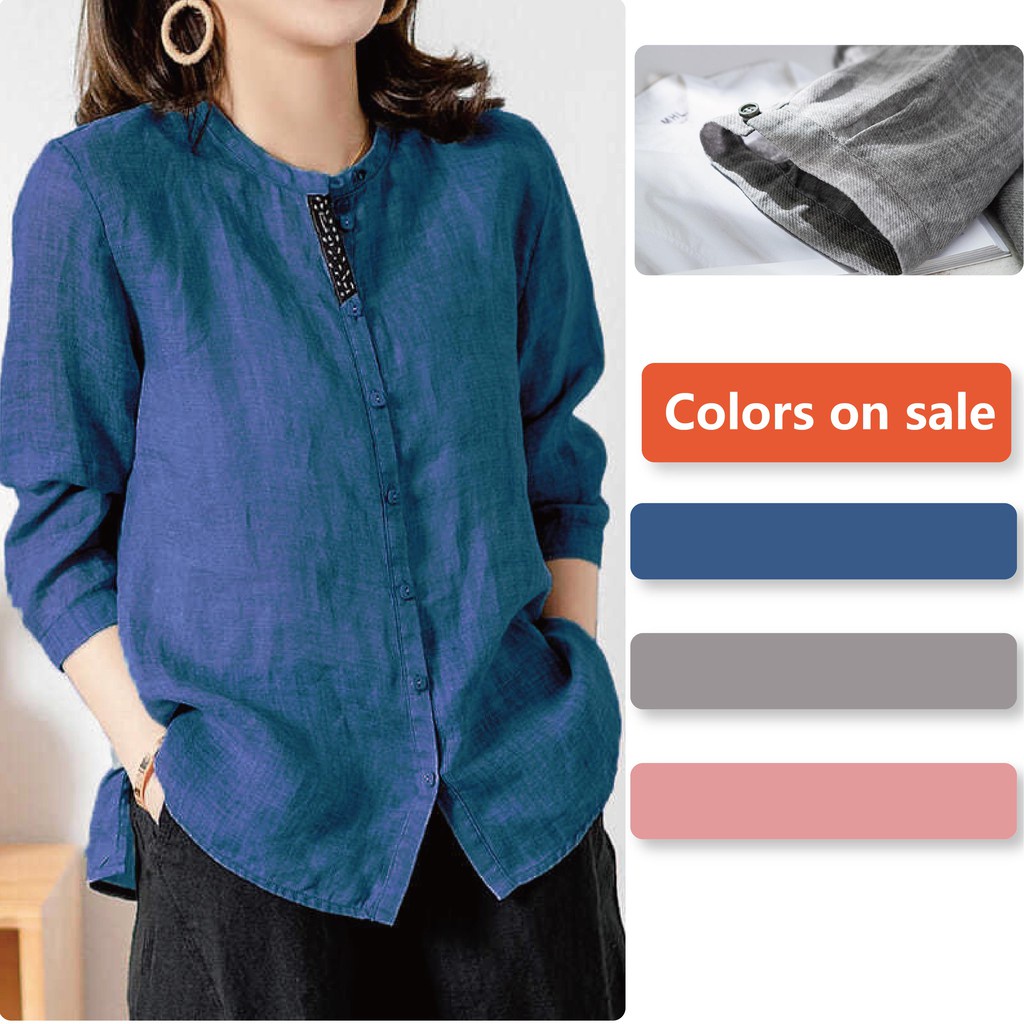 JS women blouse Retro imitation cotton linen 2021 summer new round ...