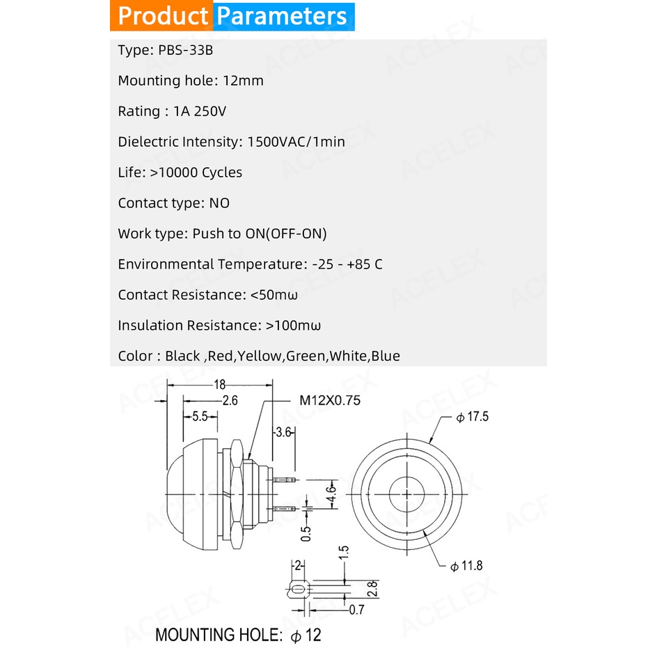ปุ่มสวิทช์12mm PBS-33B Waterproof Momentary ON OFF Push Button Swithch ...