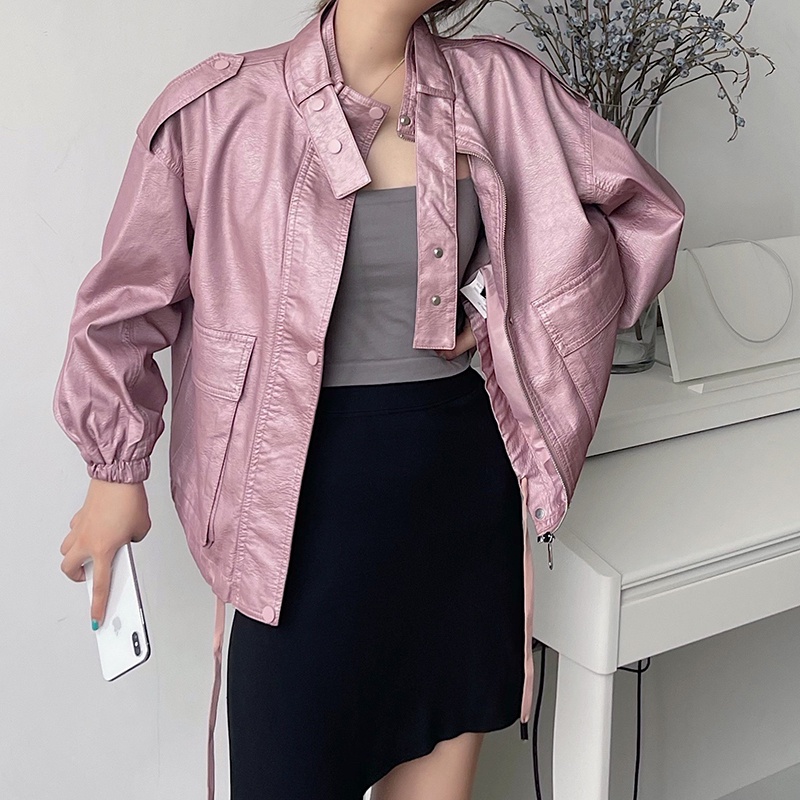 Ready StockKorean Big Pocket Pink Faux PU Leather Coat Spring New Loose ...