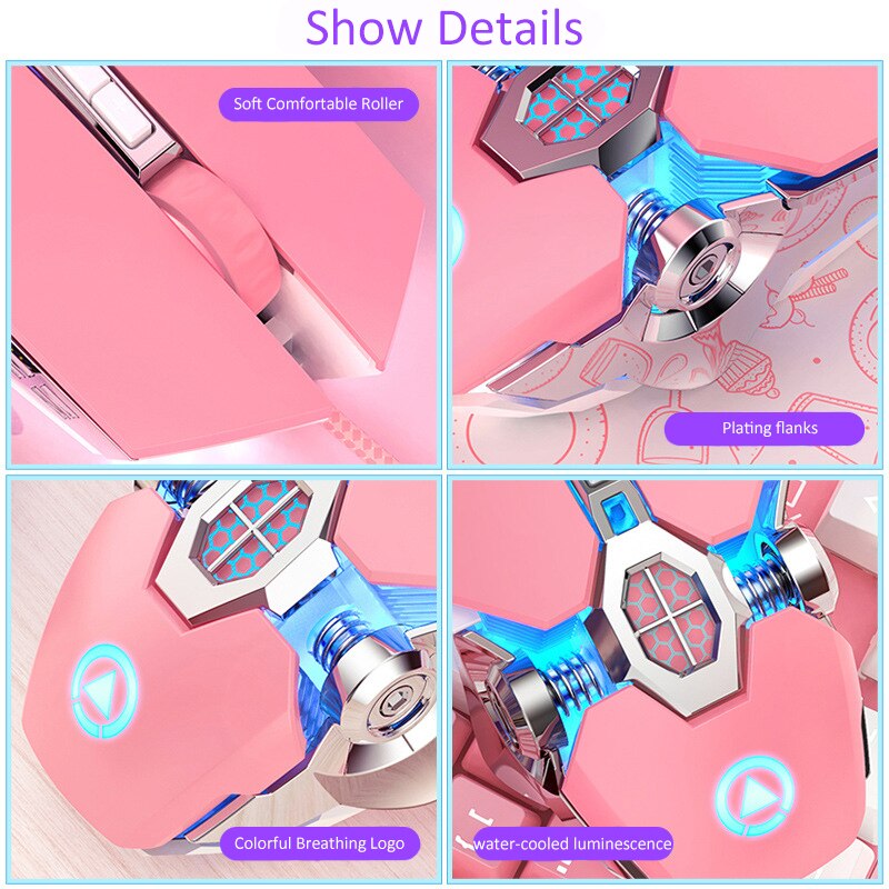 3200Dpi Pink Gaming Mouse Wired Girls Cute Mechanical Mouse Gaming ...