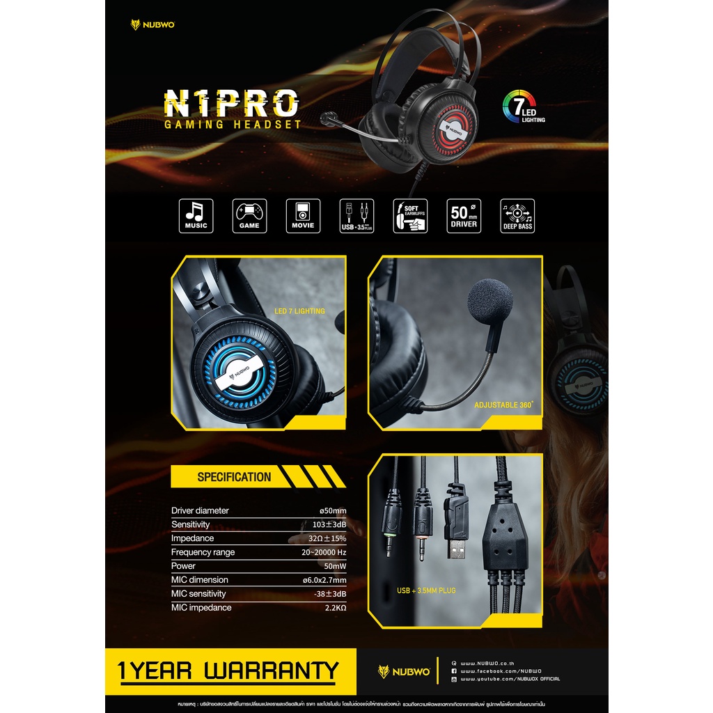 หูฟังเกมมิ่งNubwo N1PRO GAMING HEADSET หูฟังครอบหู หูฟังคอม โน๊ตบุ๊ค ระบบสเตริโอ กระหึ่ม รอบทิศ ...