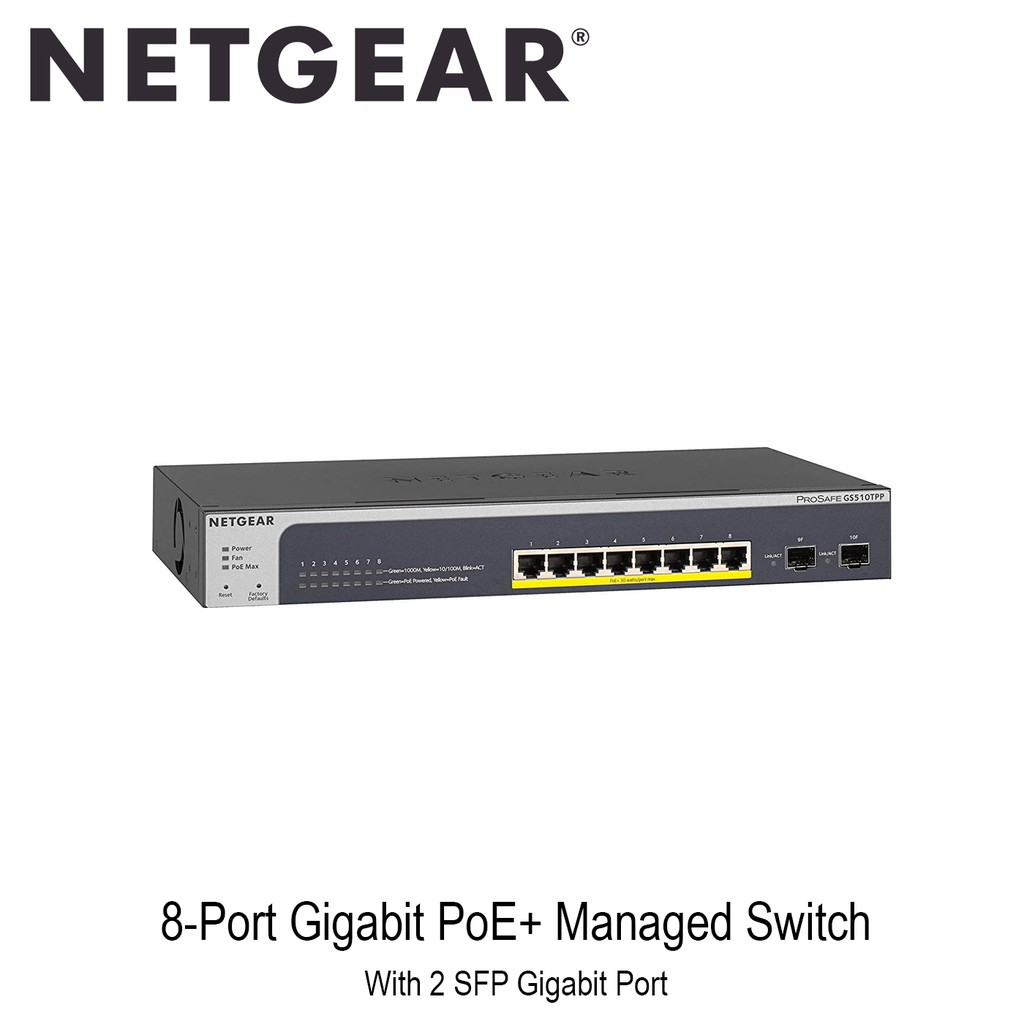 Netgear (GS510TPP) 8-Port 10/100/1000 PoE+ Smart Switch with 2 Gigabit ...