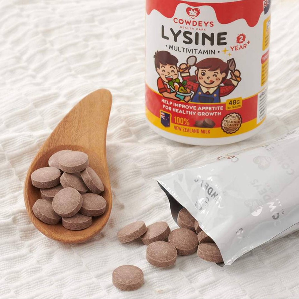 Cowdeys Lysine DHAOmega3 วิตามินสำหรับเด็ก เติบโตสมวัย เจริญอาหาร นมอัดเม็ดรสช๊อคโกแลต บรรจุ 60 ...