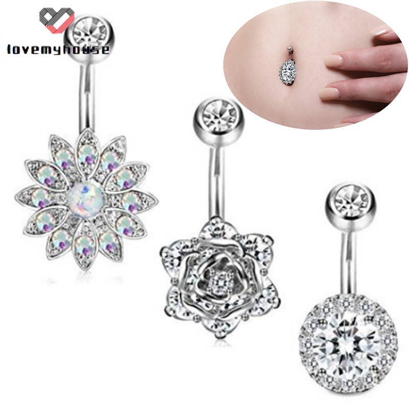 3 Pcsset Belly Button Rings Surgical Steel Crystal Flower Women Navel