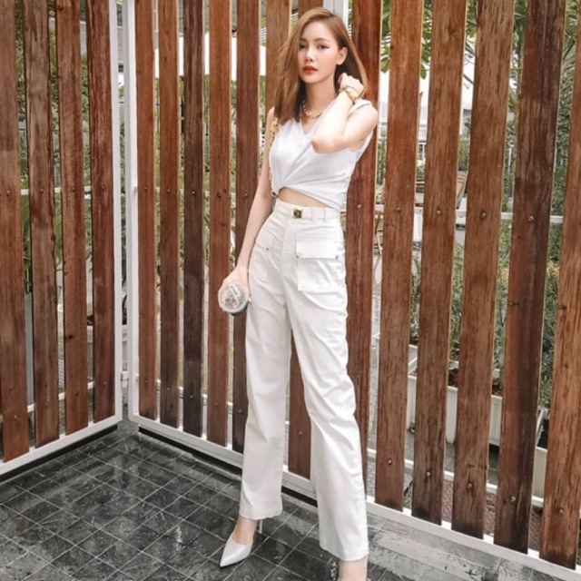 MEGAN BELT SPANDEX PANTS กางเกงขายาว เอวสูง ทรงกระบอก | Shopee Thailand