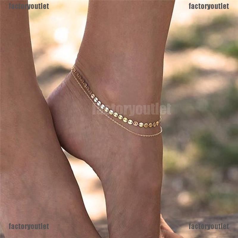 FOTH Women Gold Delicate Bead Double Foot Chain Adjustable Ankle Leg ...