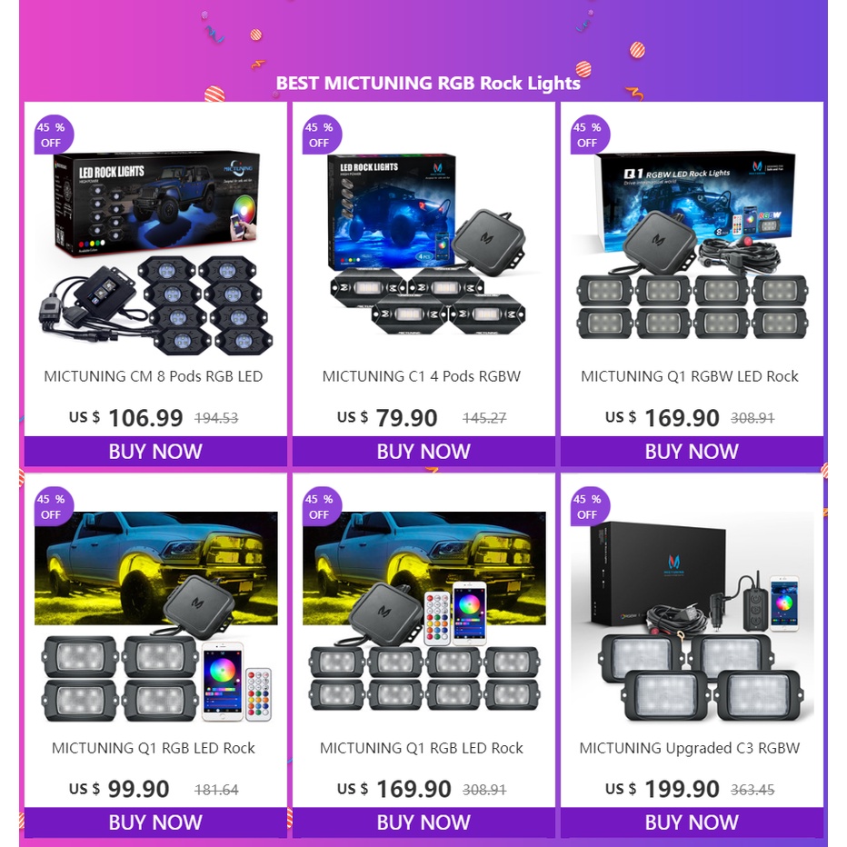 MICTUNING Upgraded 8 Pods C3 RGBW LED Rock Lights Wireless Control ...