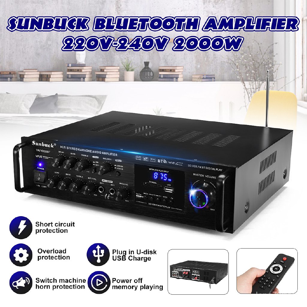 2000W 4ohm Bluetooth Stereo Karaoke Amplifier Support 2 MIC Input FM RC ...