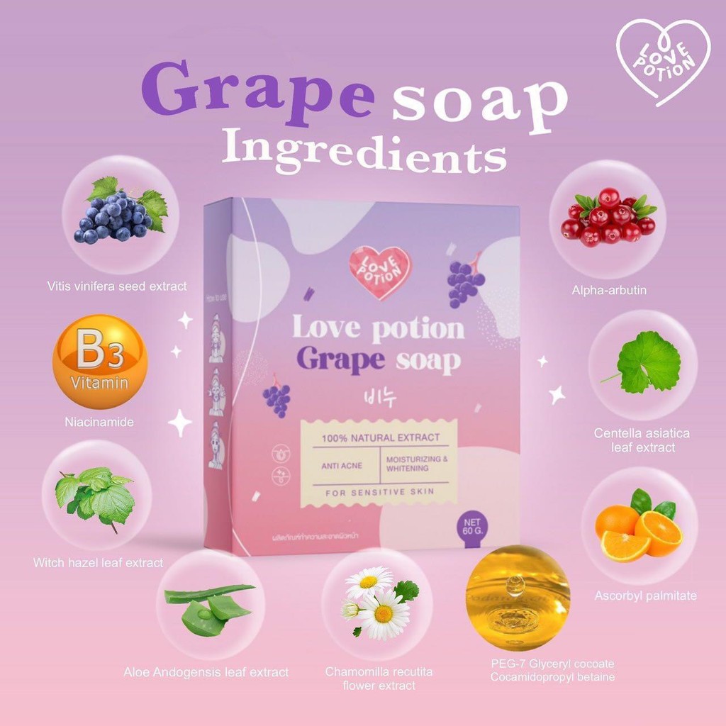 พร้อมส่ง ร้านขายของแท้สบู่องุ่น สบู่เกรปโซป Grape Soap Lovepotion ปริมาณ 60 กรัม - skincare ...