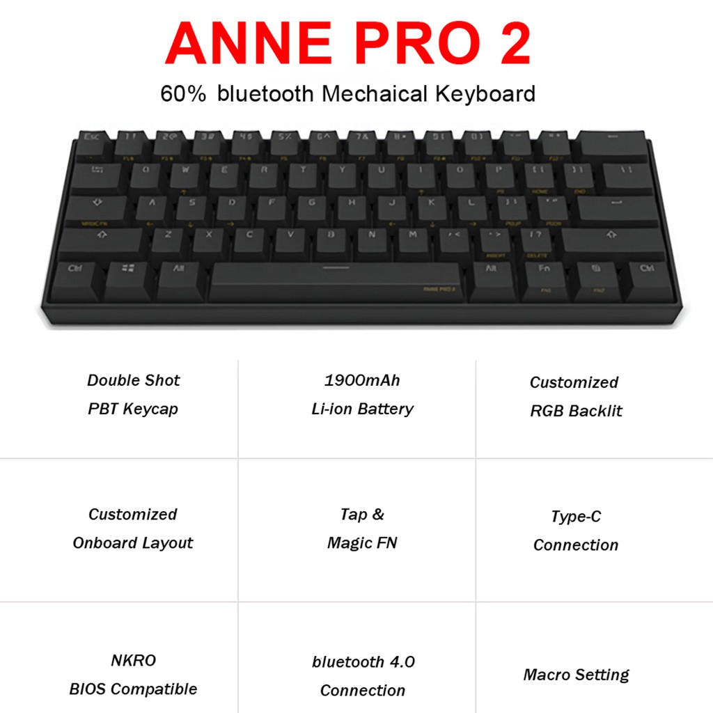 ANNE PRO 2 Gateron คีย์บอร์ดเกมมิ่ง เชิงกล บลูทูธสวิตช์ เสียบ USB RGB ...