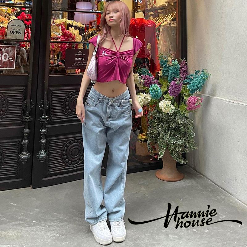 Hannie- เสื้อยืด คอวี พิมพ์ลายตัวอักษร ประดับพลอยเทียม แบบผูกเชือก ...