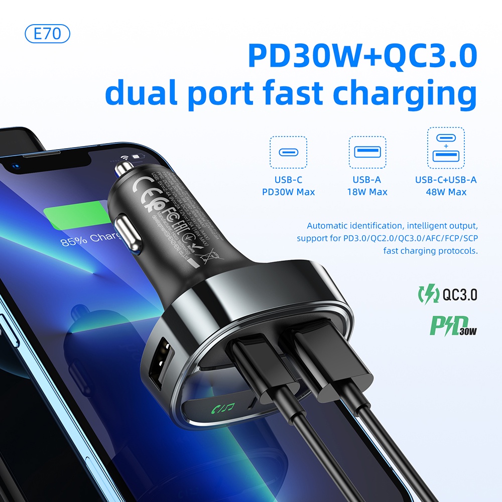 HOCO 30W PD USB Car Charger QC4.0 QC3.0 fast Charge LED Display FM ...