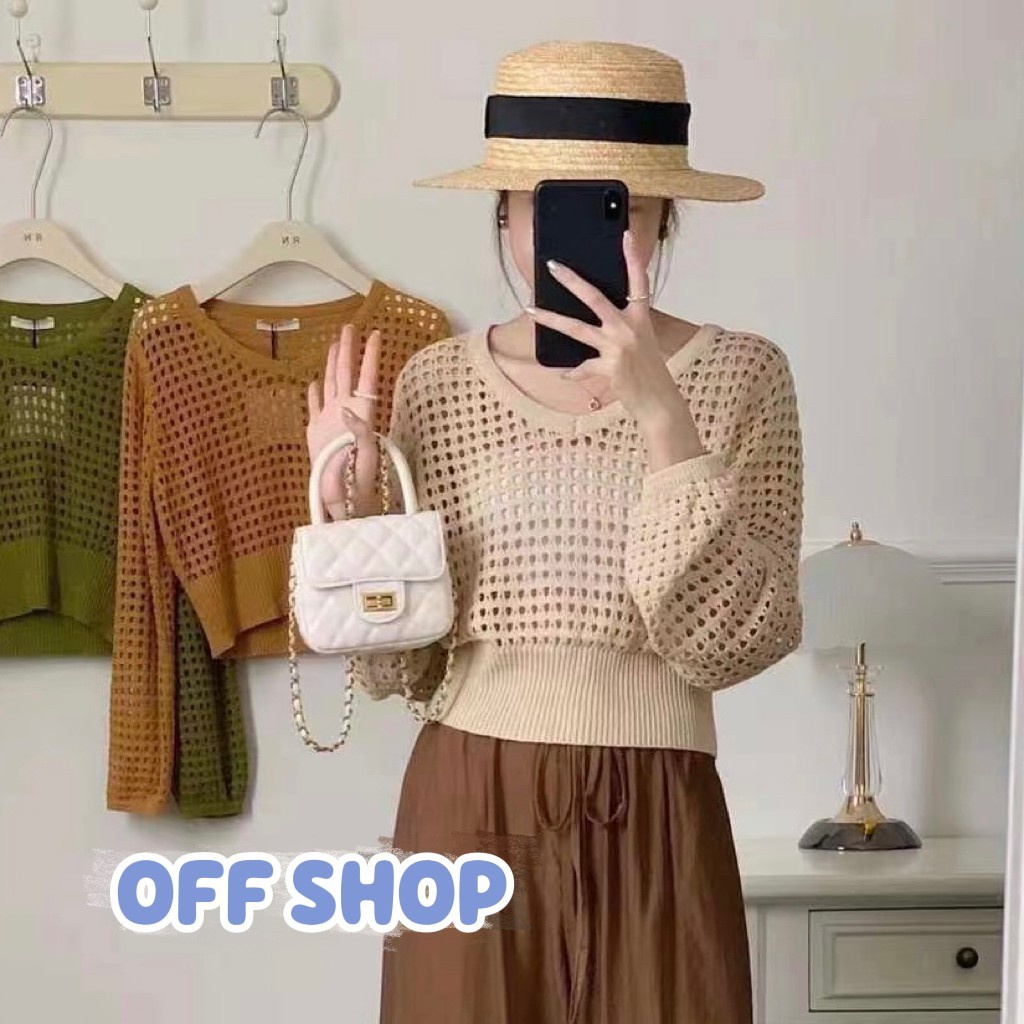 OFF SHOP พร้อมส่ง (OFF-H348) เสื้อถักไหมพรม ตาข่ายเล็กแขนยาวคอกลมใส่ ...