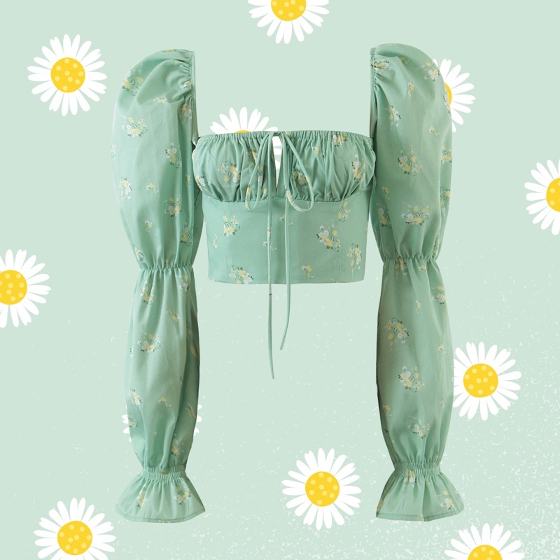 มี 5 แบบ Mini crop top เสื้อคอเหลี่ยมแขนยาวสม็อกอกลายดอกไม้สุดเซกซี่ ...