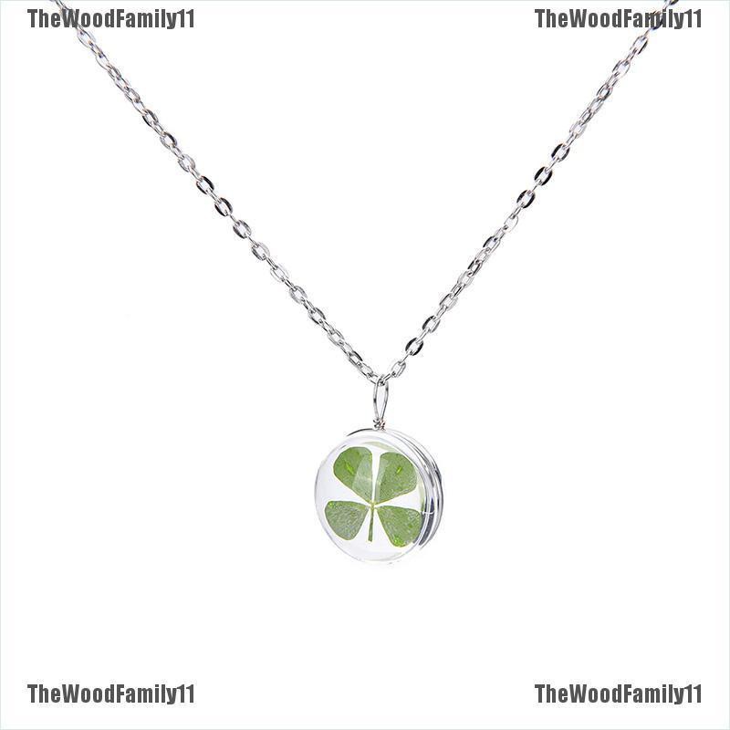 「THF」Real Green Lucky Shamrock Four Leaf Clover Round Pendant Necklace ...