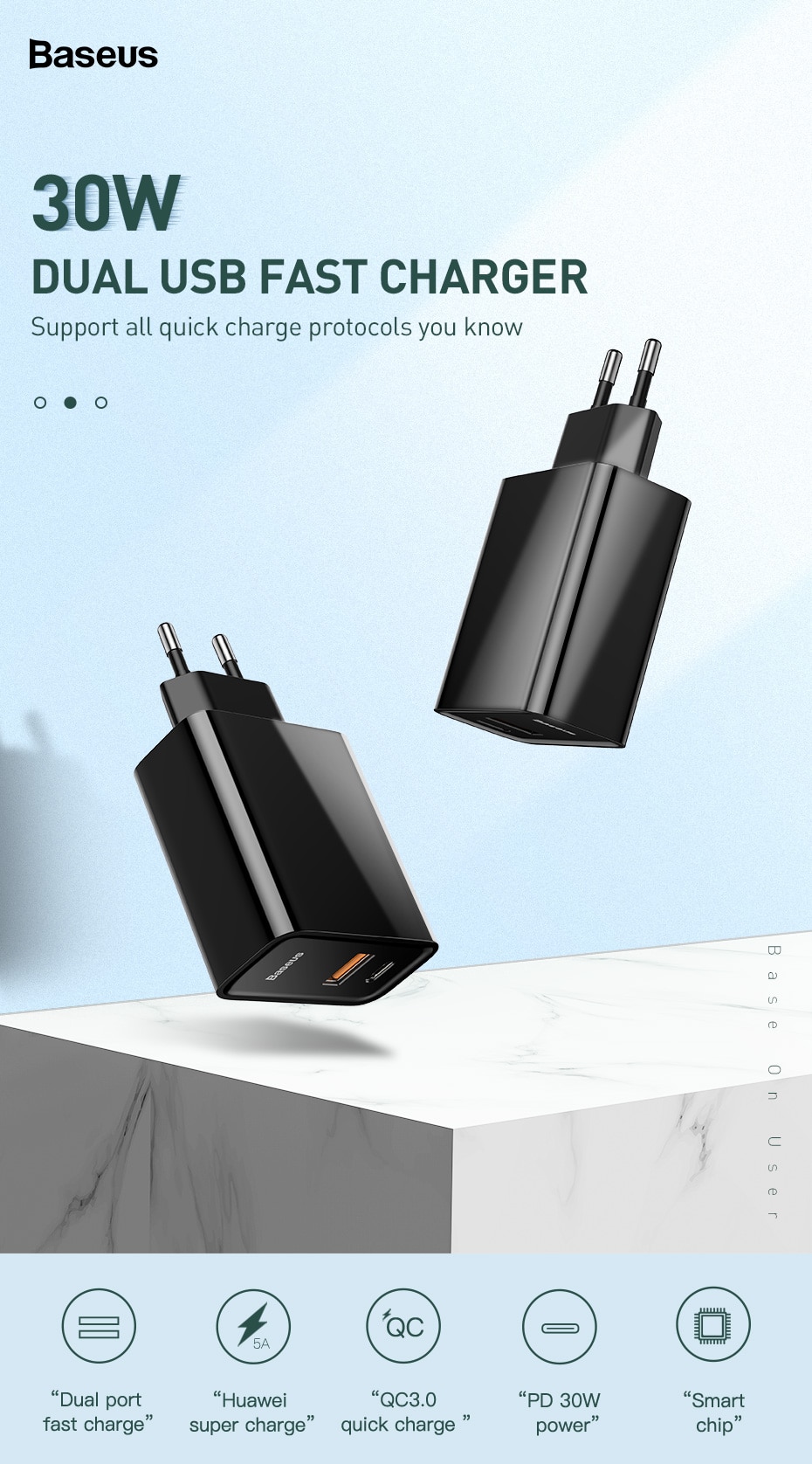 Baseus Dual USB Fast Charger 30W Support Quick Charge 4.0 3.0 Phone ...