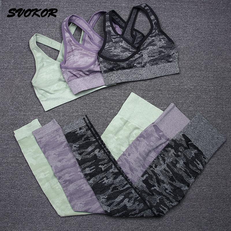 SVOKOR Camo Seamless Yoga Suits Hollow Fitness Tank Workout Yoga Leggings High Impact Sport Bra ...