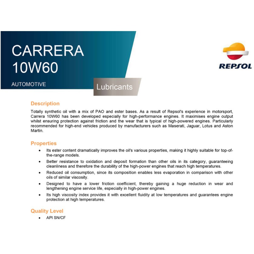 REPSOL CARRERA 10W-60 FULLY SYNTHETIC 100% RACING ขนาด 4 ลิตร - sp_autoparts - ThaiPick