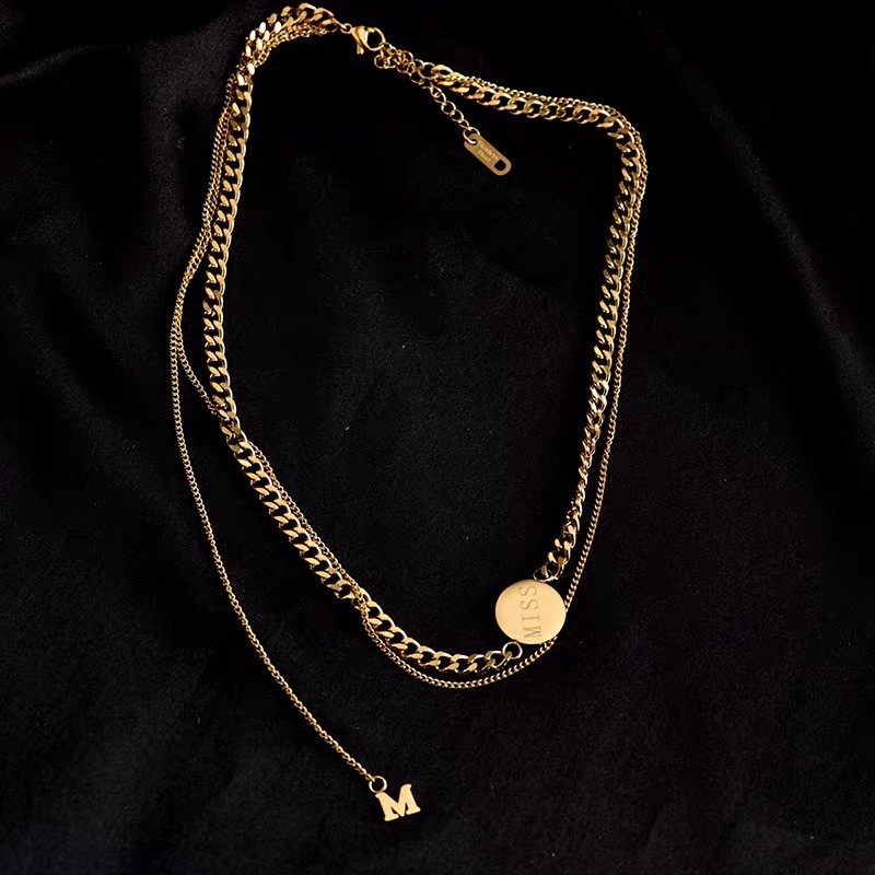 Smug Titanium steel multi-layer necklace M letter necklace pendant ...