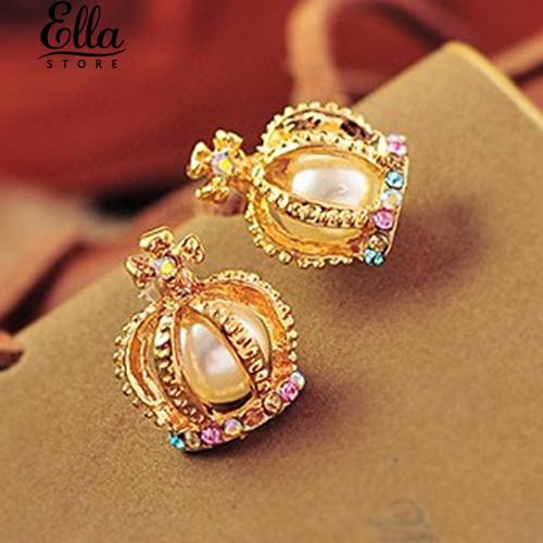Graceful Princess Crown Cross Rhinestone Faux Pearls Ear Stud ...