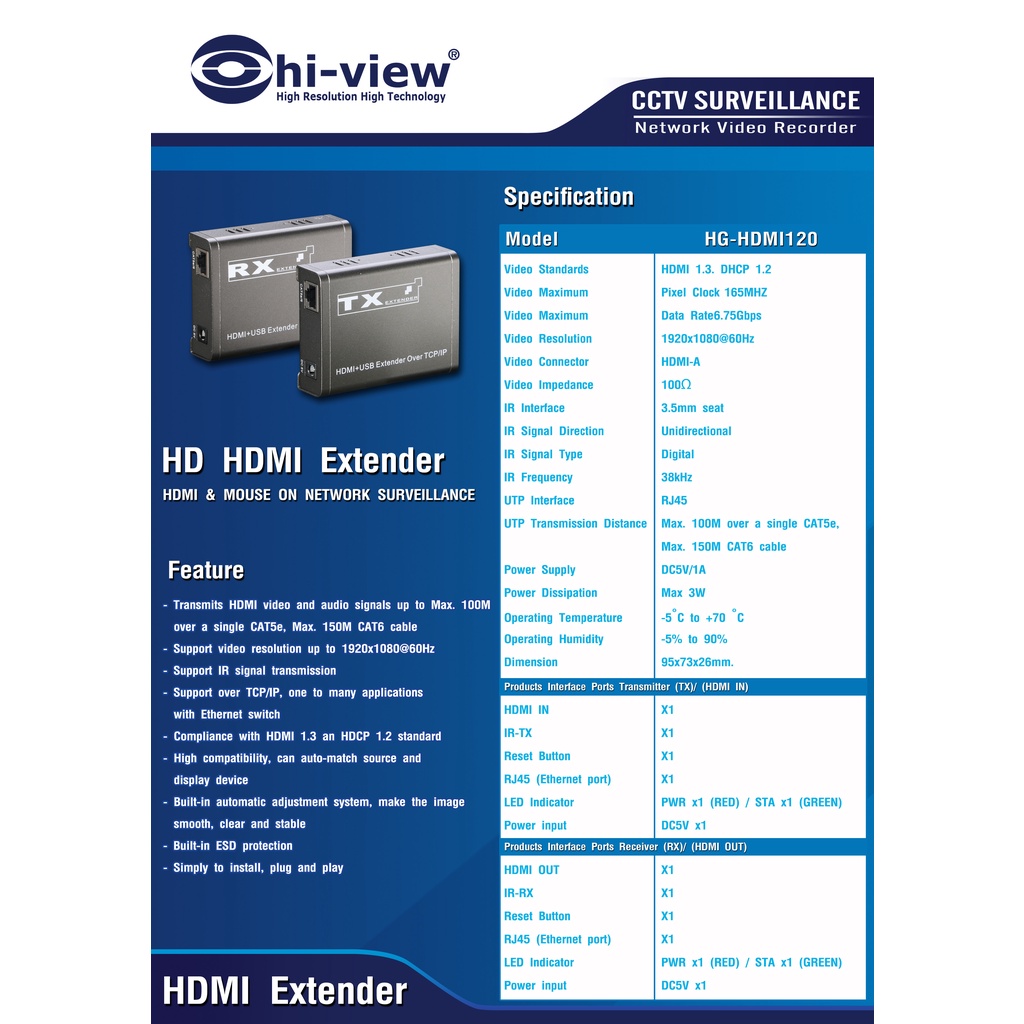 Hi-View HDMI EXTENDER อุปกรณ์รับสัญญาณ ภาพ เสียง เม้า ระยะไกล รุ่น HG ...