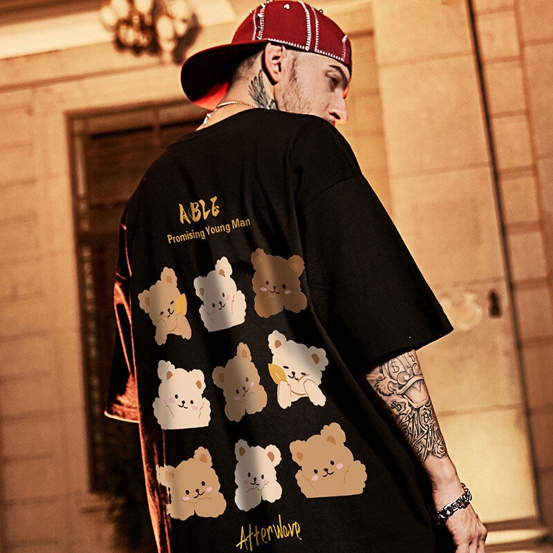 S-8XL InsฉบับภาษาเกาหลีของMenierหมีพิมพ์เสื้อยืดสั้นผู้ชายผู้หญิงคู่แฟชั่นสไตล์ฮ่องกงหลวมๆสบายๆ ...