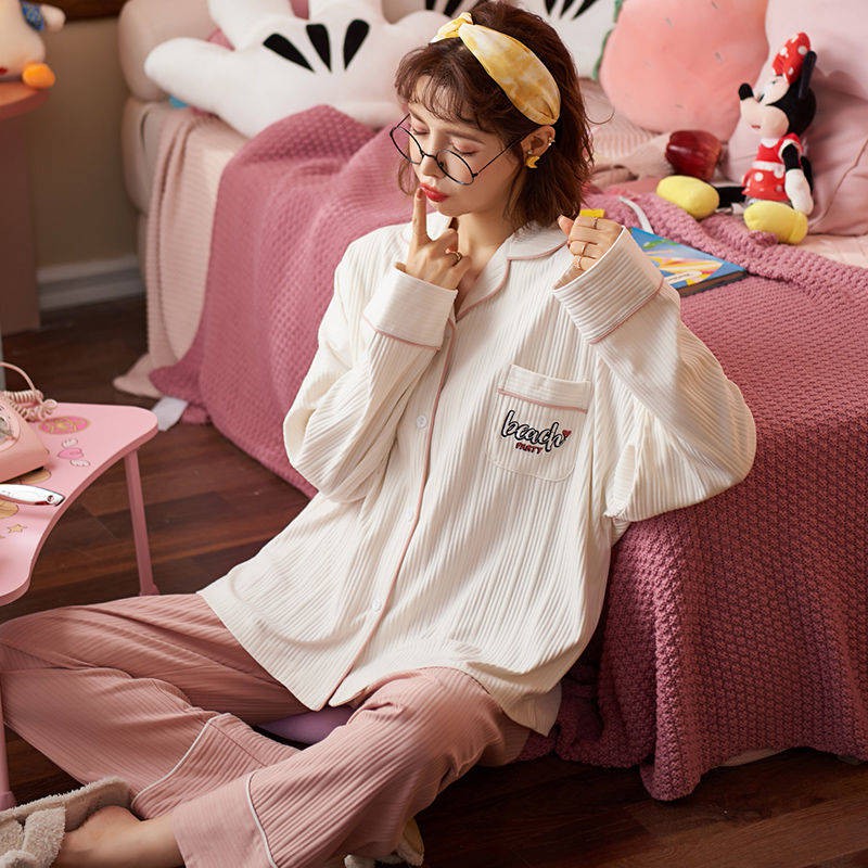 ชุดนอน ชุดนอนด้าย New Style Cotton Pajamas Womens Spring And Autumn