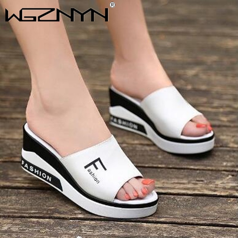NEW Summer Women Slippers High Quality Leather Thick Sole Slippers ...