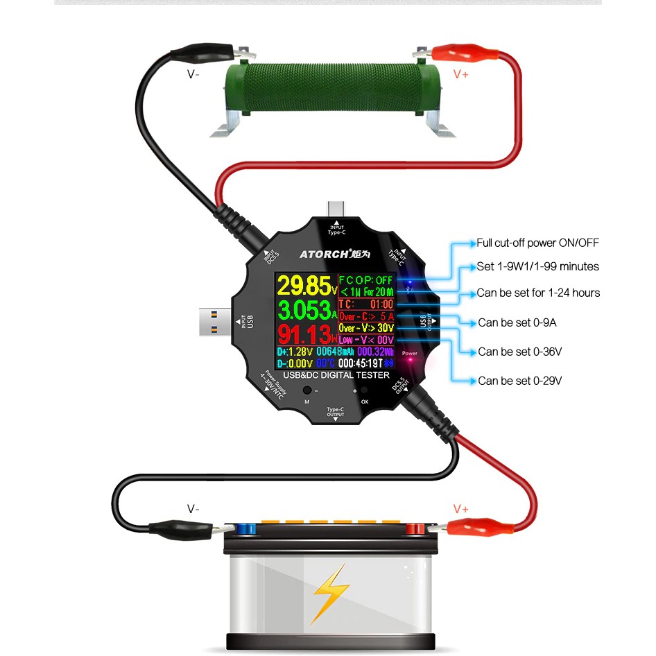 เครื่องวัดไฟ ATORCH UD18 USB 3.0 18in1 USB tester APP dc digital ...