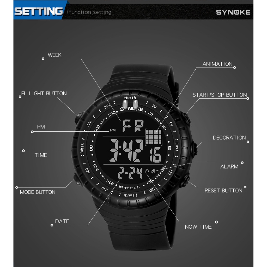 Synoke นาฬิกาข้อมือดิจิตอลสําหรับผู้ชายมัลติฟังก์ชั่นมีไฟ Led สไตล์สปอร์ต - longflight1.th ...