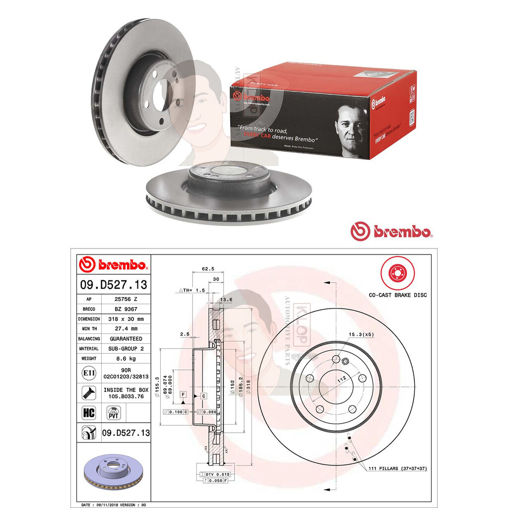 09 D527 13 จานเบรค ล้อ F (ยี่ห้อ BREMBO) รุ่น HC/PVT Benz W205 C205 ปี ...