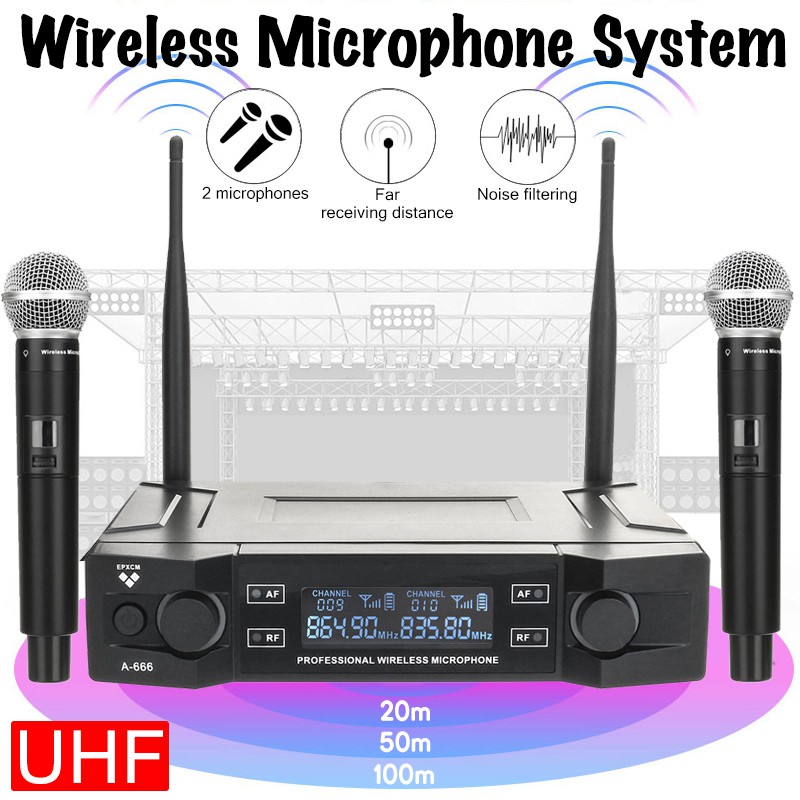 Professional UHF Wireless Microphone System 2 Channel 2 Cordless ...