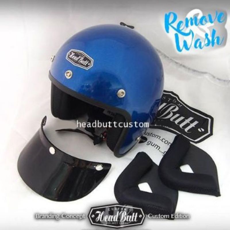 หมวกกันน็อควินเทจ HeadButt สีน้ำเงิน ถอดแก้มได้ - gtautobike - ThaiPick