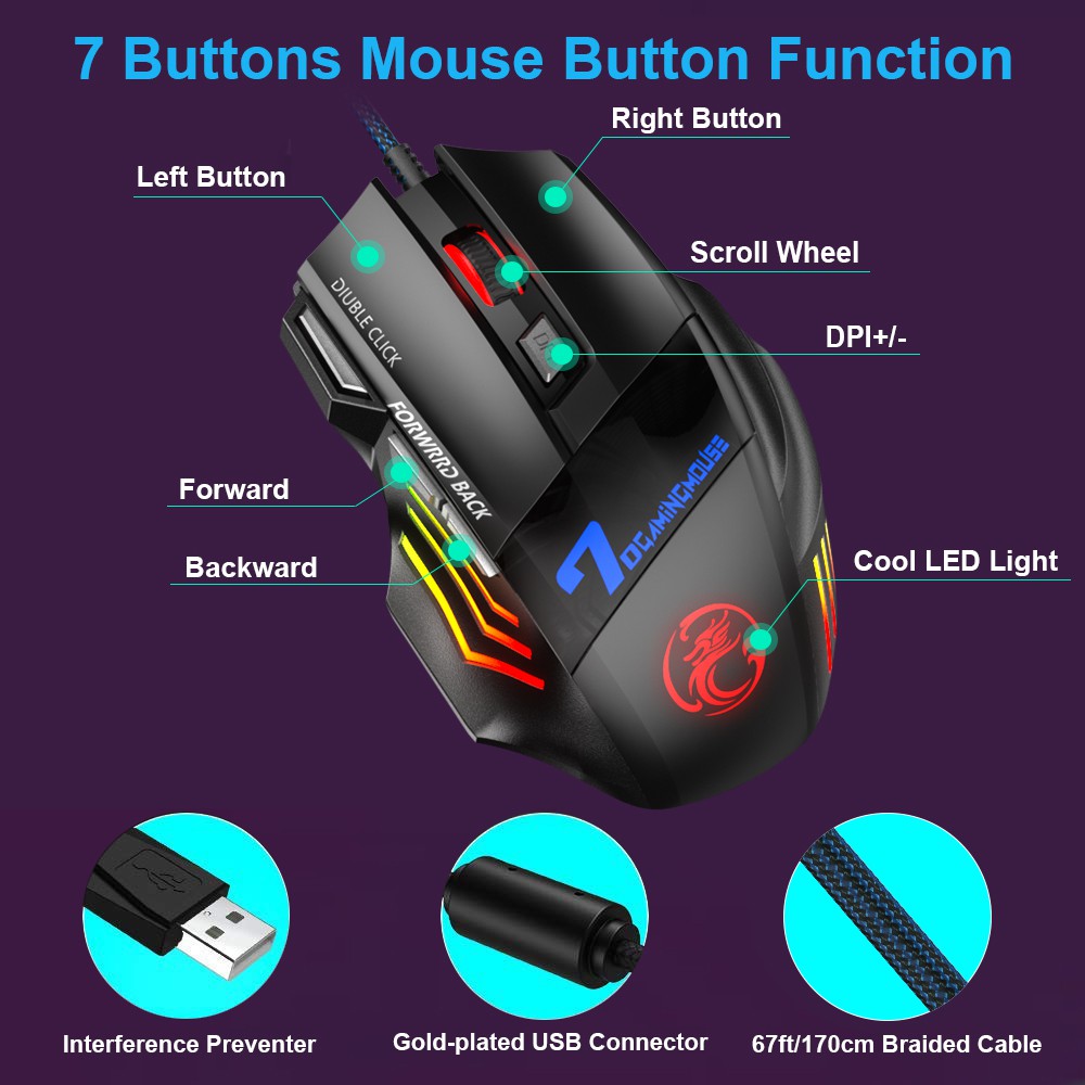 เมาส์เกมมิ่ง:Ergonomic Wired Gaming Mouse 7 Button LED 5500 DI USB Comuter Mouse Gamer Mice X7 ...