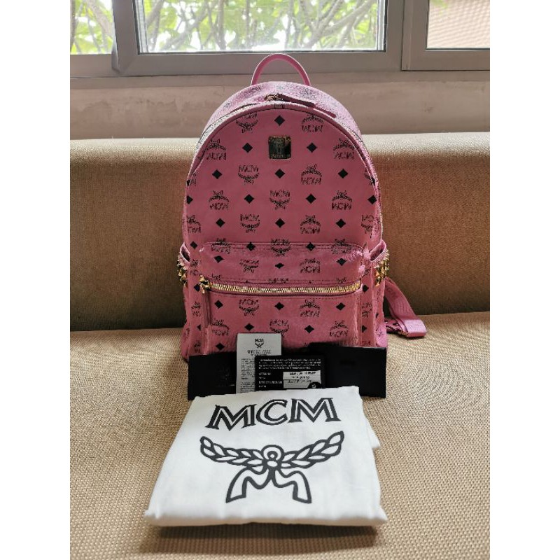 New MCM STARK Pink Visetos Logo Studded Medium Stark Backpack Bag ...