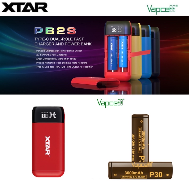 Promotion Set: XTAR PB2S & Vapcell P30 INR18650 3000mAh 3.7V 35A x 2 ...