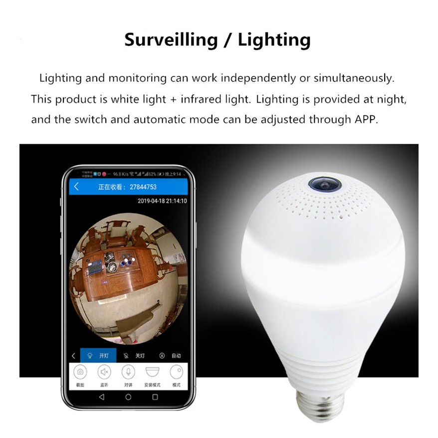 กล้องหลอดไฟ FULL HD 1080P 2.0MP Panoramic iP Camera WiFi app neye3c ...