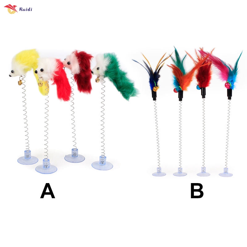 Cat Interactive Toy With Sucker Spring Feather Plush Mouse Funny Pet ...