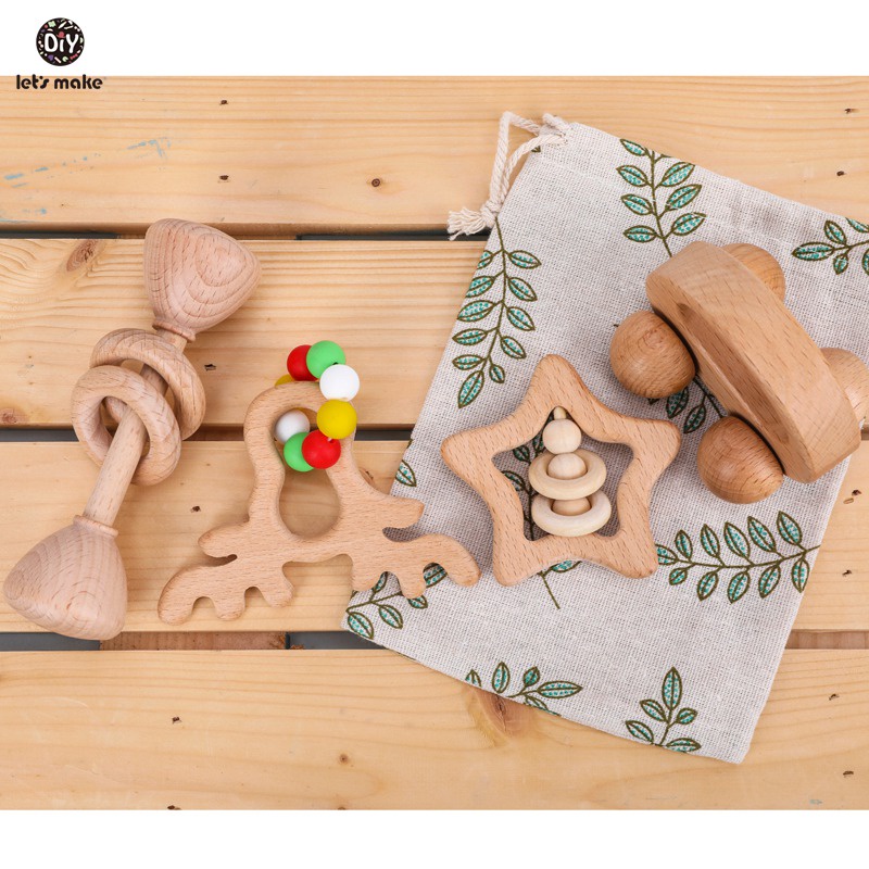 Let s Make 4pcset Baby Rattle Set Hand Teething Beech Wooden Animal Elk ...