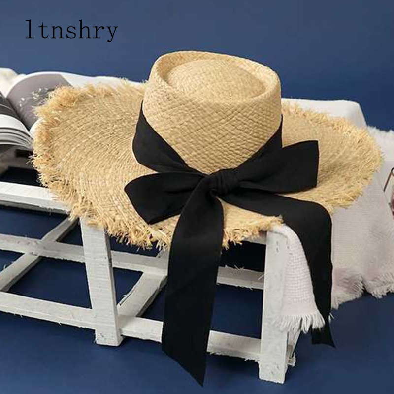 ของแท้ 100 New Summer Beach Raffia Black White Ribbon Hat Women Lady ...