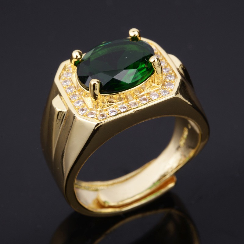 18K gold-plated gold color inlaid emerald oval men's open ring men's ...