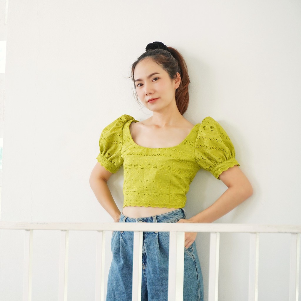 Weerin dolly crop เสื้อครอปลูกไม้ แขนตุ๊กตา สีเขียว - weerin_brand ...