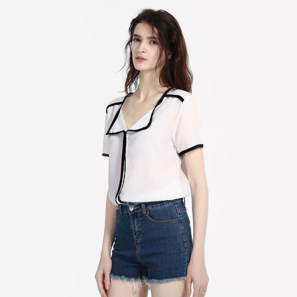 Fashion1 ถูกที่สุด เสื้อแฟชั่นผ้าชีฟองแขนสั้น ปกคอแบะ แต่งกุ้นขอบ 3 สี - fashion1one - ThaiPick