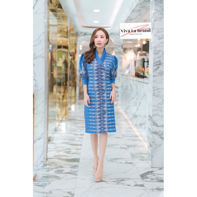 V017 เดรสลายไทยผ้าพิมพ์ชุดทำงานลายไทย Vivalabrand Thaipick