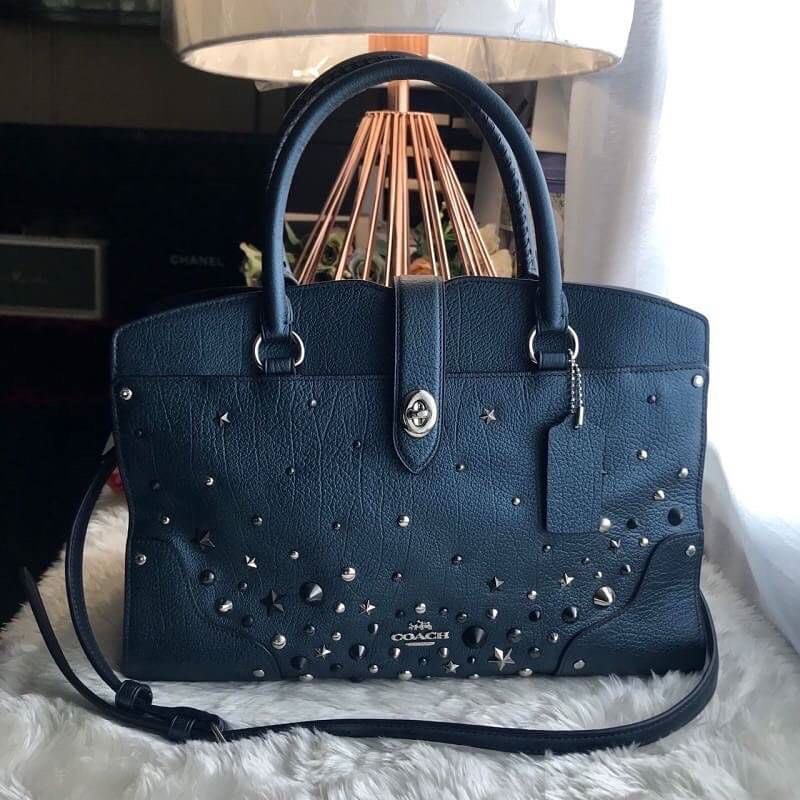 (ผ่อน 0%) COACH MERCER SATCHEL 30 in Metallic Blue Leather With Star Rivets | Shopee Thailand