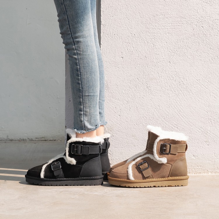 รองเท้าบู๊ทส์ผ้ากํามะหยี่หัวเข็มขัดพื้นทรงแบนสําหรับผู้หญิง - jsh_jh_kj ...