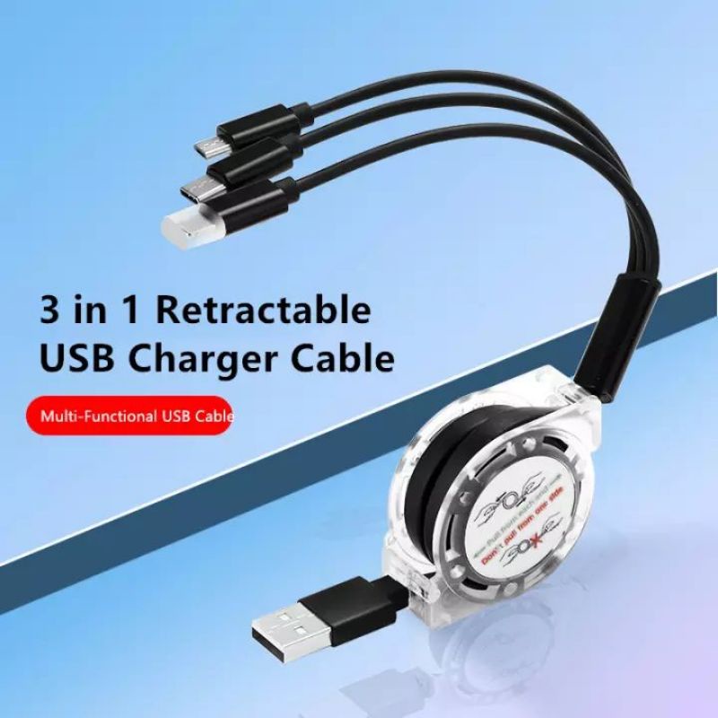 สายชาร์จมือถือ 3 หัว 3in1เก็บสายได้พกพาสะดวก ยาว1เมตร สายชาร์จเร็ว3in1 USB for Android microusb ...