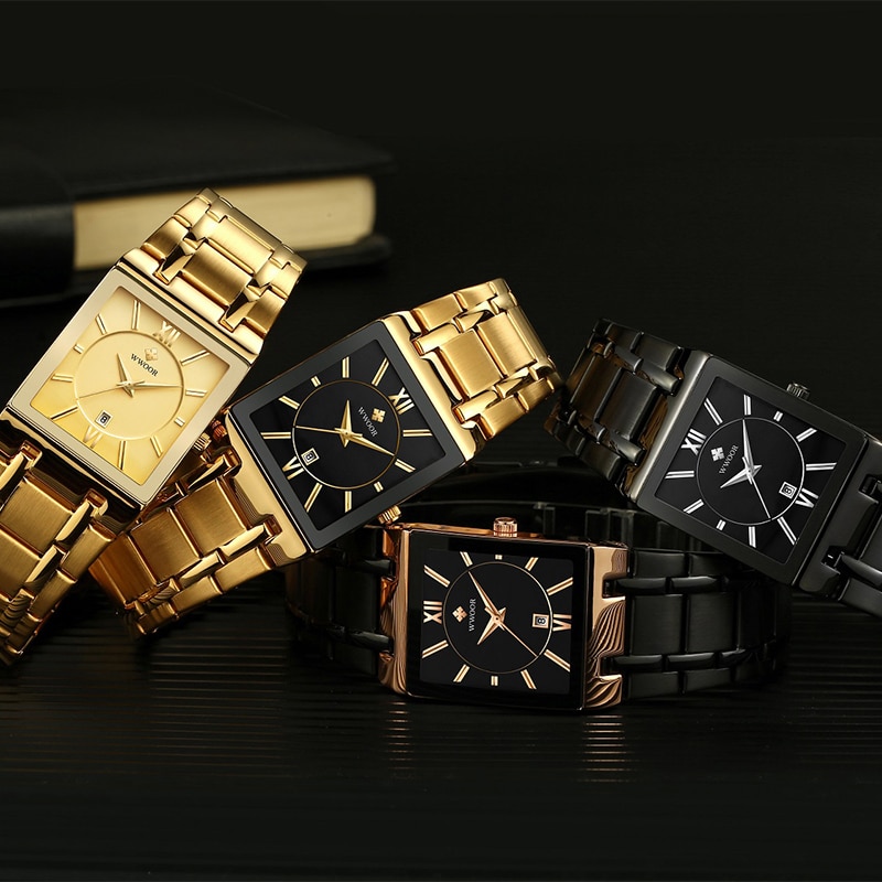 WWOOR Mens Rectangular Watches 2020 Luxury Gold Black Watches Bracelet ...