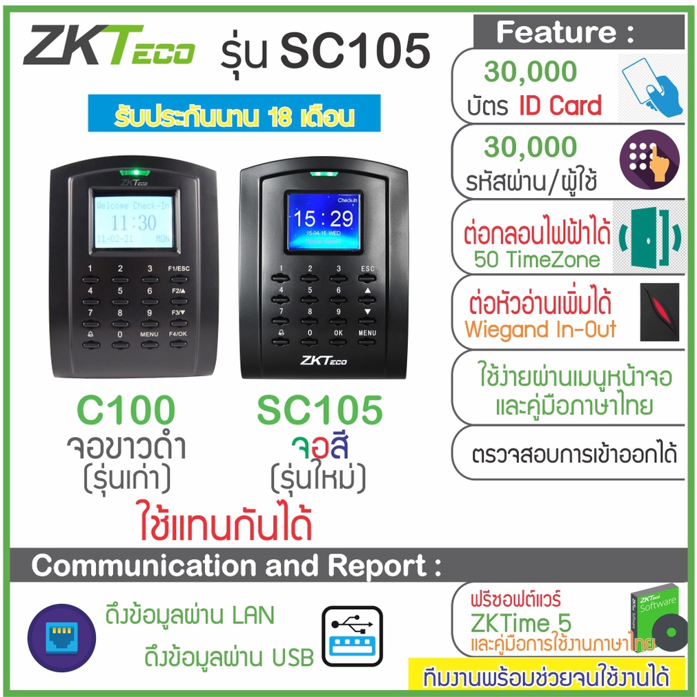ZKTeco SC105 แทน C100 เครื่องทาบบัตรคีย์การ์ดเปิดประตู บันทึกเวลาทำงาน มีจอสัมผัสใช้งานง่าย มี ...